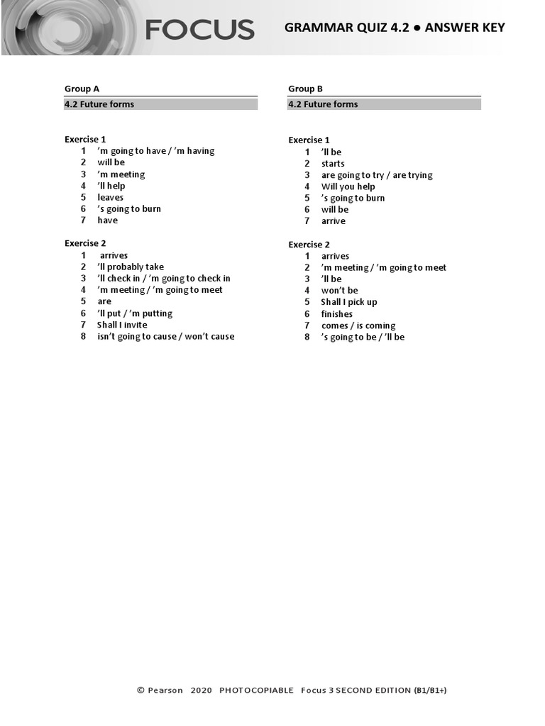 Focus3 2E Grammar Quiz Unit4 2 GroupA B ANSWERS | PDF