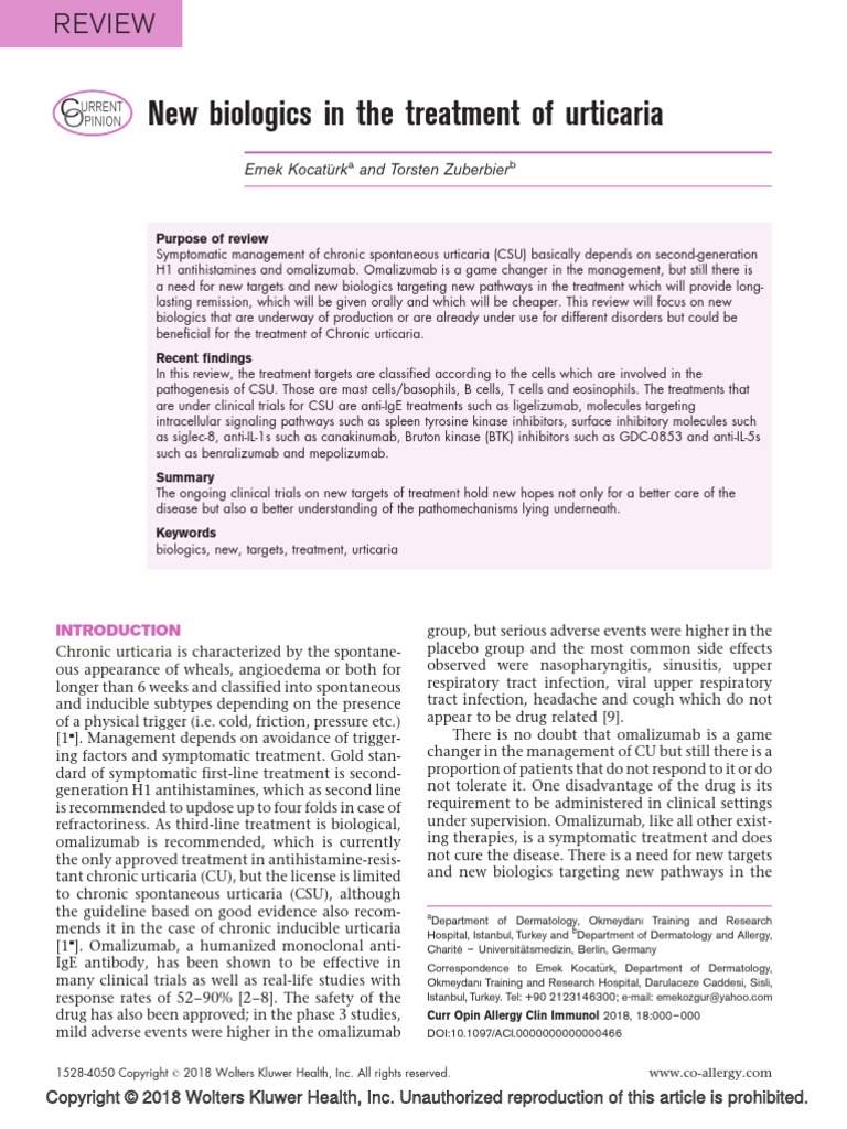 New Biologics in The Treatment of Urticaria | PDF | Cell Adhesion | Interleukin 4