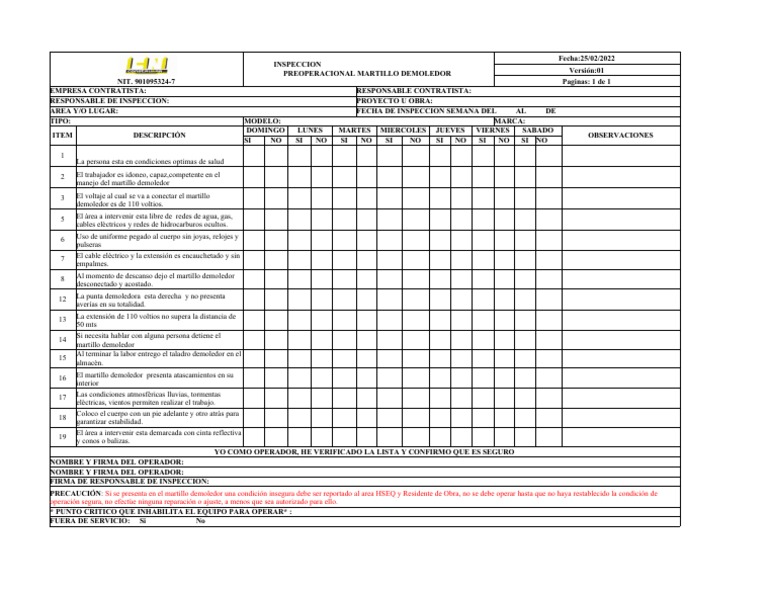 Preoperacional Martillo Demoledor | PDF