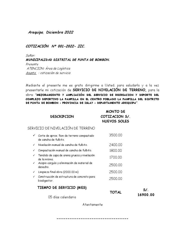 Cotizacion de Servicio Nivelacion de Terreno | PDF