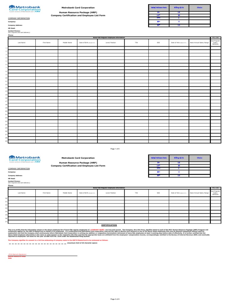 Metrobank HRP MasterCard Certification Form | PDF | Human Resource ...