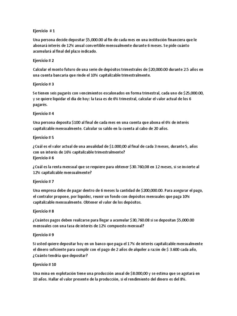 Tarea Ejercicios Anualidades Vencidas 1-10 | PDF