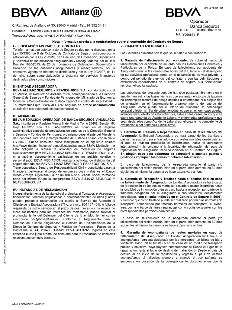 Nota Informativa Previa A La Contratación Sobre El Contenido Del Contrato de Seguro | Descargar ...