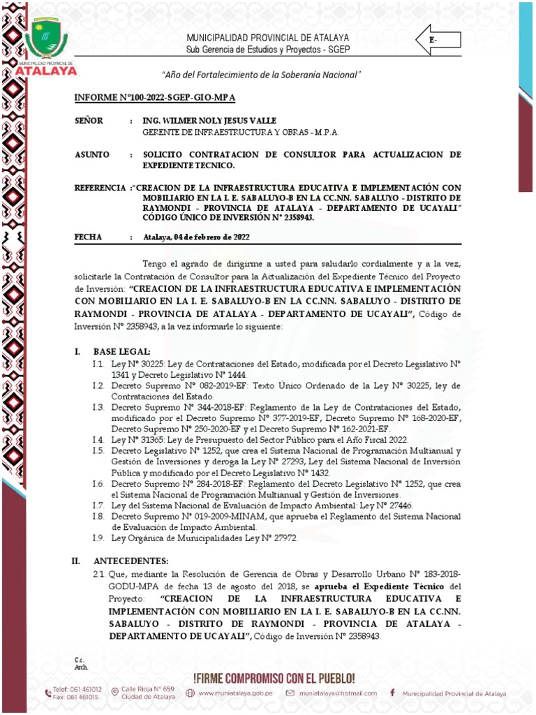 100 - Solicito Consultor para Actualizacion de Exp Tec Colegio Sabaluyo | PDF