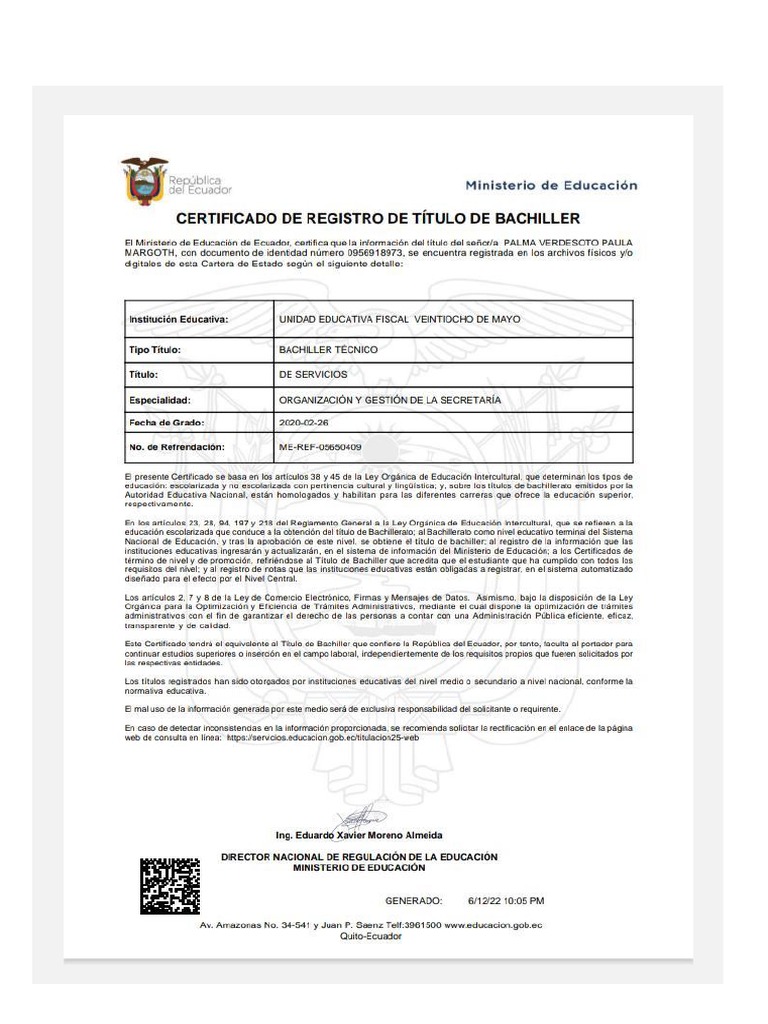 Certificado Bachiller | PDF