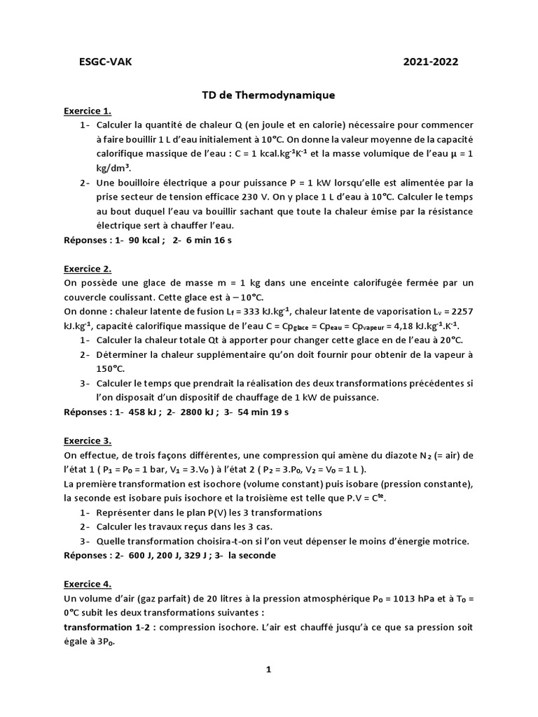 TD Thermo 21-22 | PDF | Chaleur | Thermodynamique