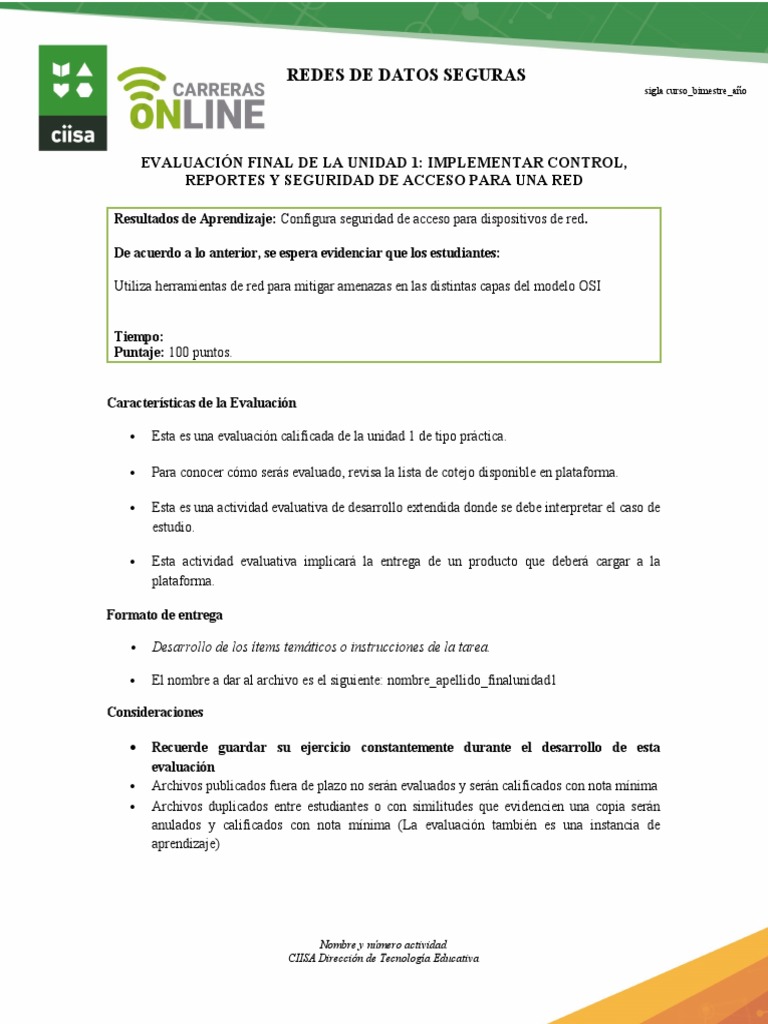 Evaluacion Unidad - 1 Lista | PDF | Cubierta segura | Protocolos de red