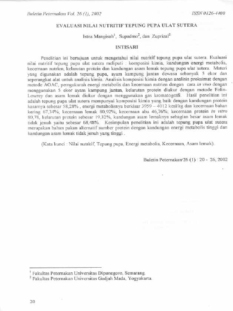 Evaluasi Nilai Nutritif Tepung Pupa Ulat Sutra | PDF