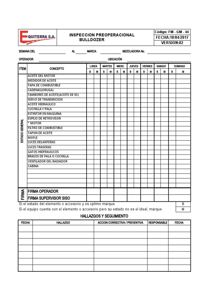 Inspeccion Preoperacional de Bulldozer | PDF