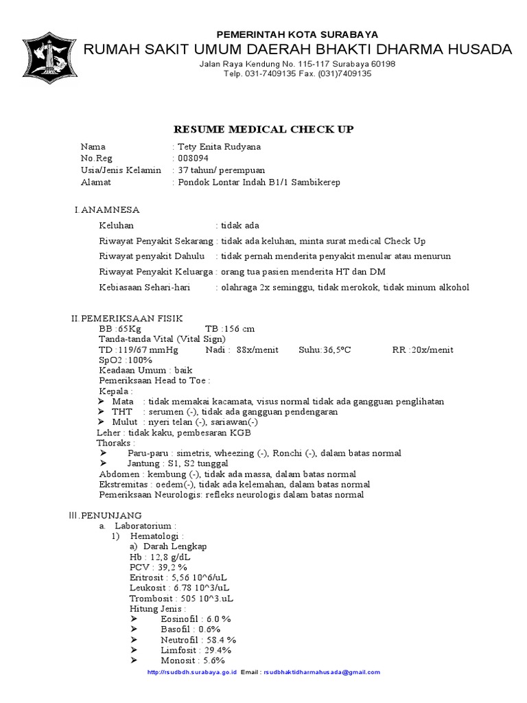 Rumah Sakit Umum Daerah Bhakti Dharma Husada: Resume Medical Check Up | PDF | Sains & Matematika ...