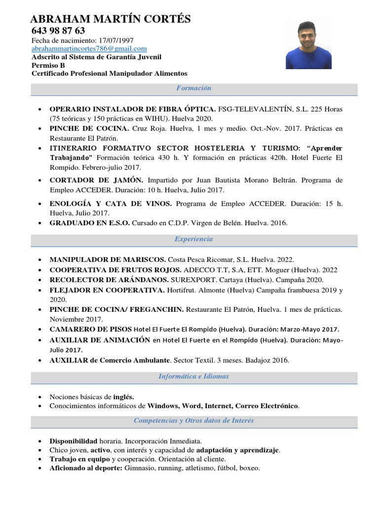 Abraham Martín Cortés CV hostelería manipulador alimentos | PDF