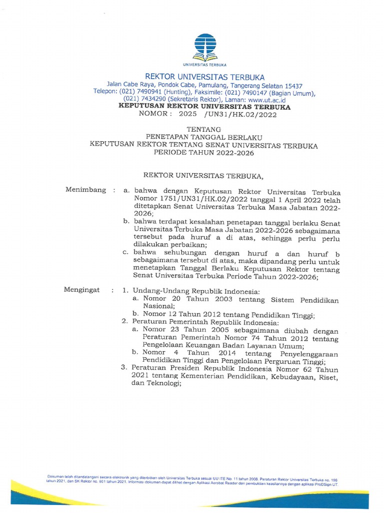 SK Rektor Tentang Keanggotaan Senat 2022-2026 | PDF