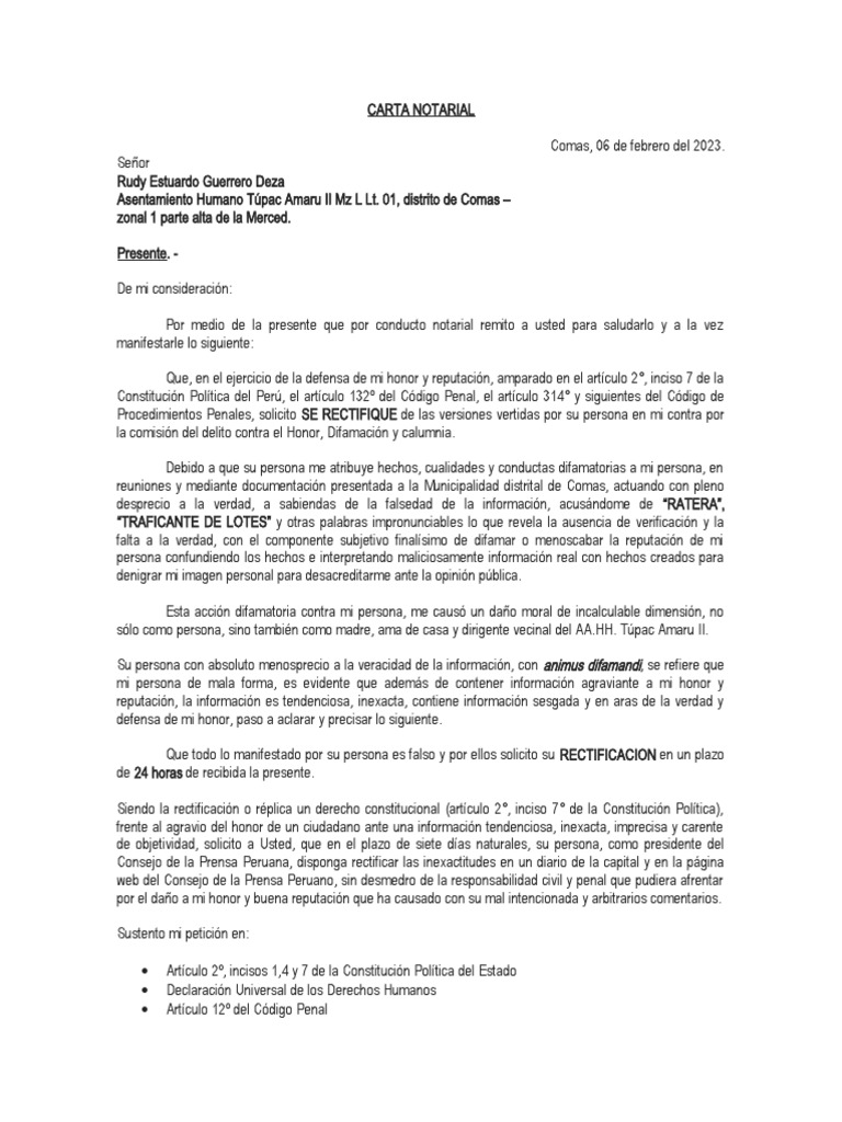 CARTA NOTARIAL DE RECTIFICACION POR DIFAMACIÓN | PDF | Ciencias ...
