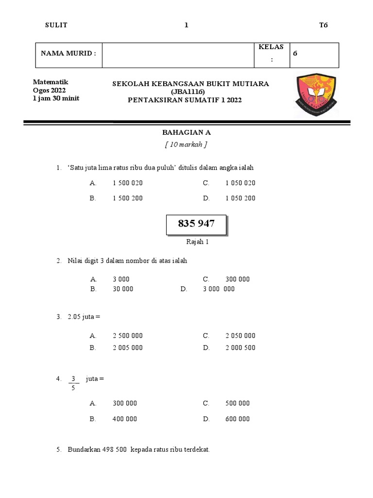 Soalan Matematik Tahun 6 2022 | PDF