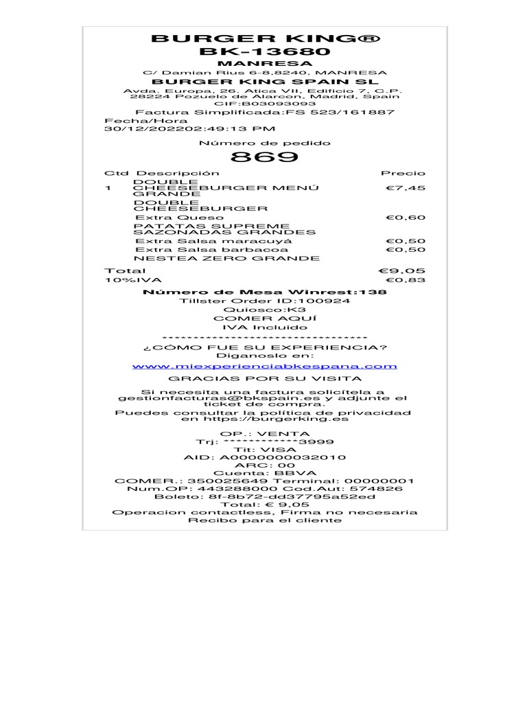 Burger+King Ticket N 869 144930 | PDF