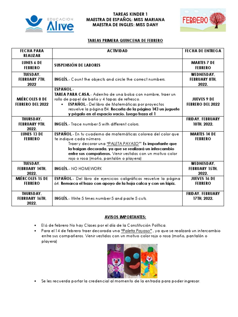 Tareas Kinder 1: Febrero 2022 | PDF | Artes del Lenguaje y Comunicación