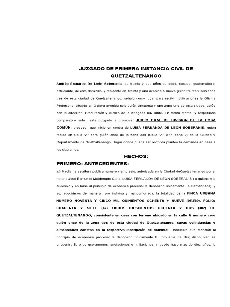 Oral PARTICION COSA COMUN | PDF | Demanda judicial | Ley procesal