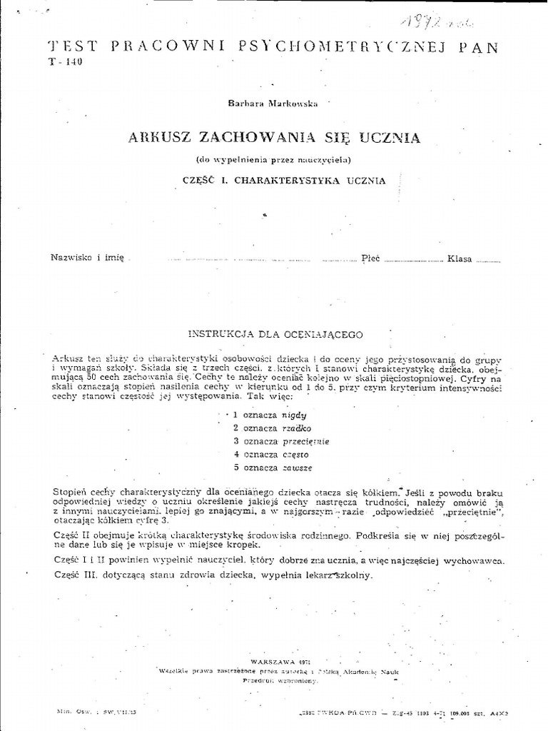 Arkusz Zachowania Się Ucznia Markowska | PDF