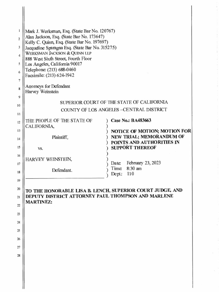 Weinstein LA New Trial Motion | PDF | Evidence (Law) | Sixth Amendment ...