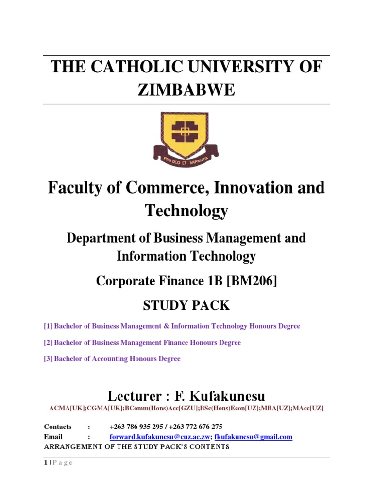 Corporate Finance 1b Study Pack Cuz Pdf Capital Asset Pricing Model