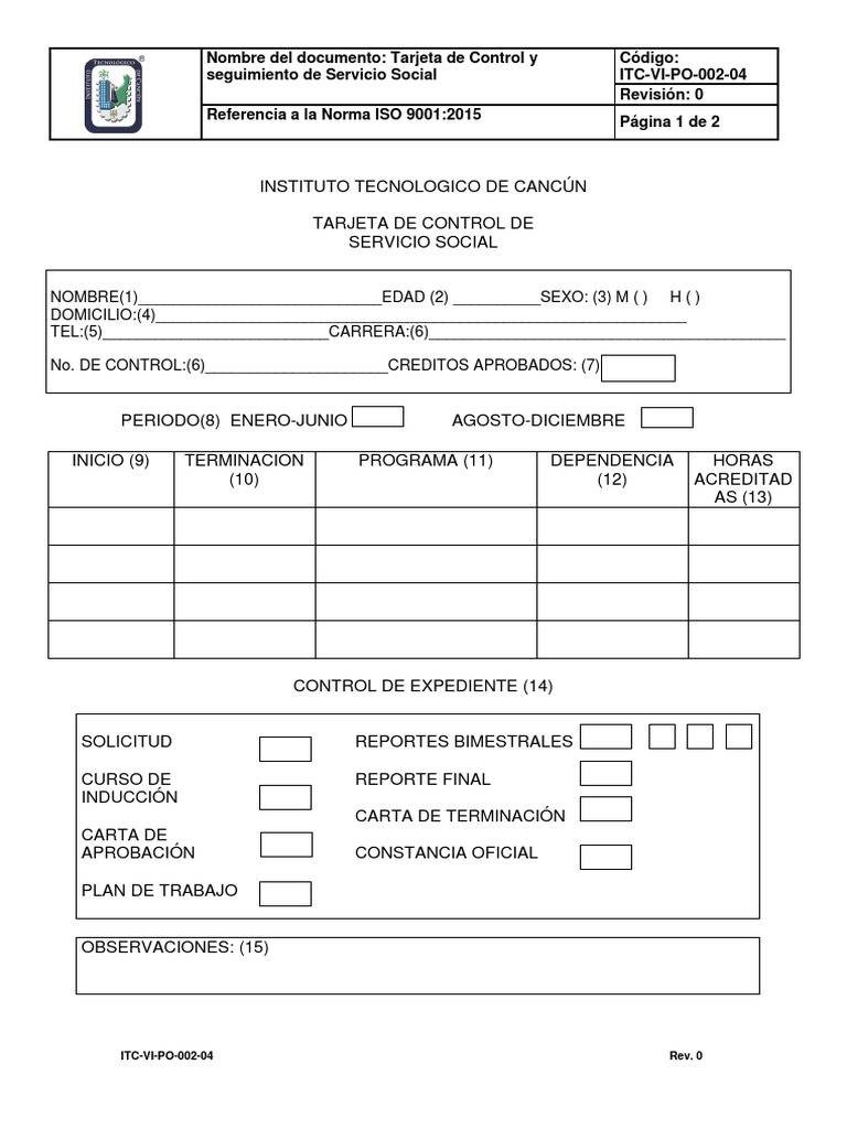 Tarjeta de Control y Seguimiento de Servicio Social | PDF