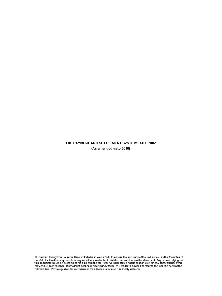 The Payment and Settlement Systems Act, 2007 | PDF | Banks | Reserve Bank Of India
