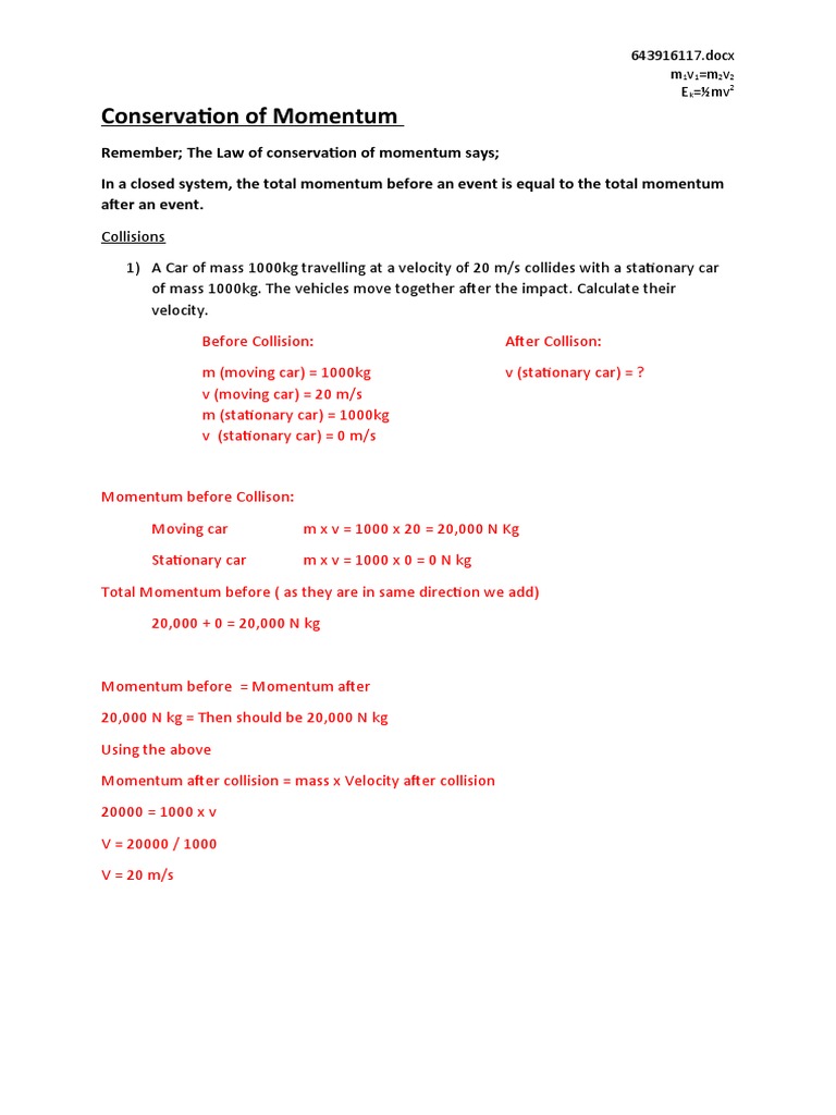 P3.3.8.1a Conservation of Momentum Questions | PDF | Momentum | Collision