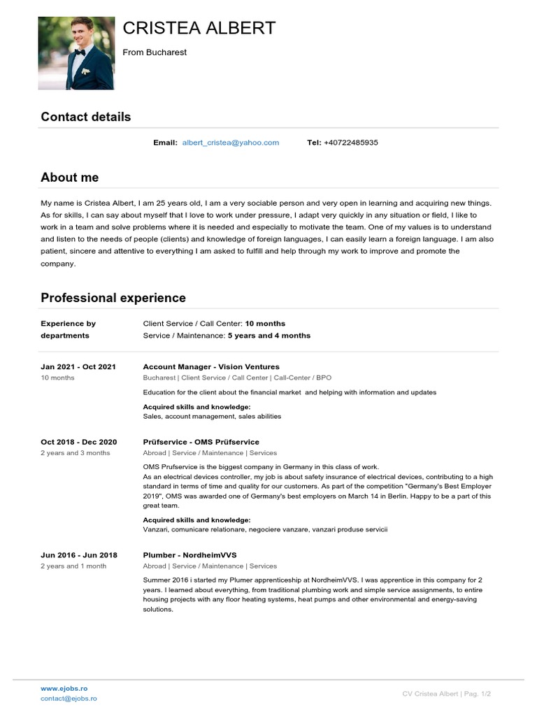 CV Cristea Albert en | PDF | Call Centre | Apprenticeship