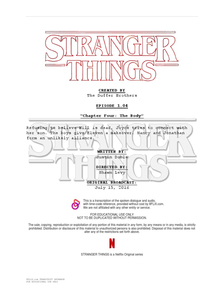 Stranger Things Transcript 104 Chapter Four The Body | PDF