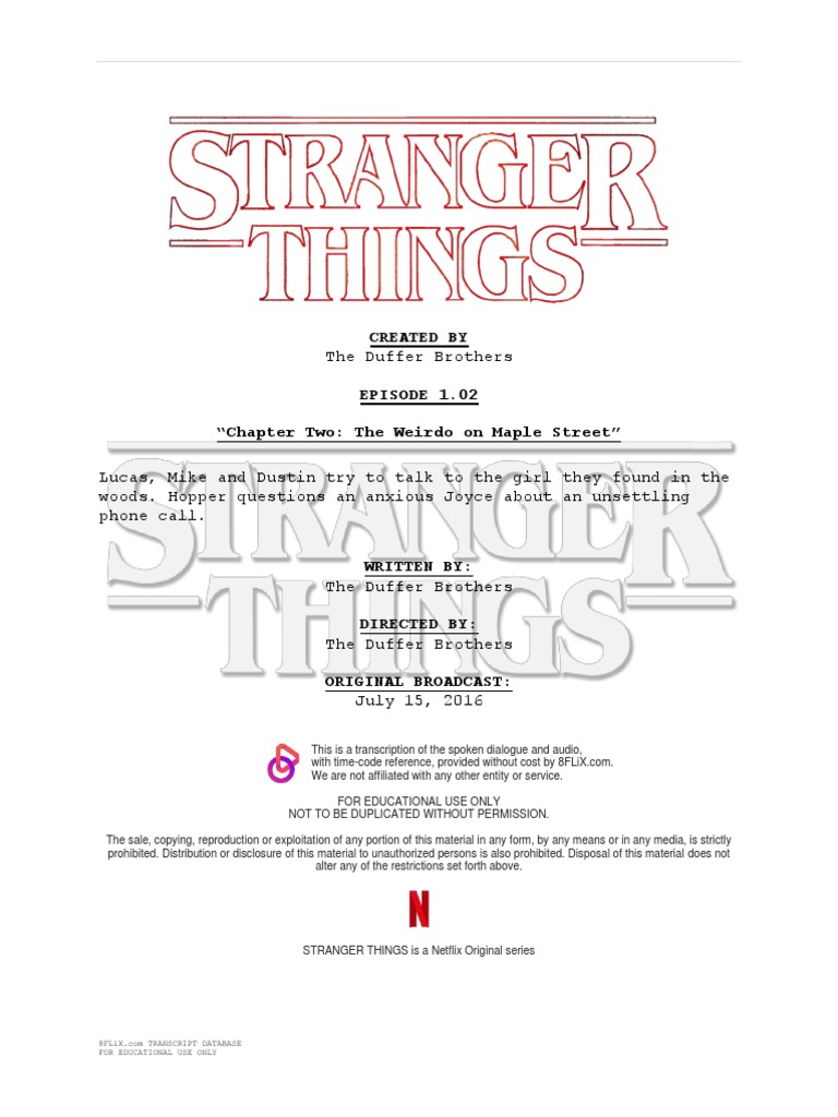Stranger Things Transcript 102 Chapter Two The Weirdo On Maple Street | PDF
