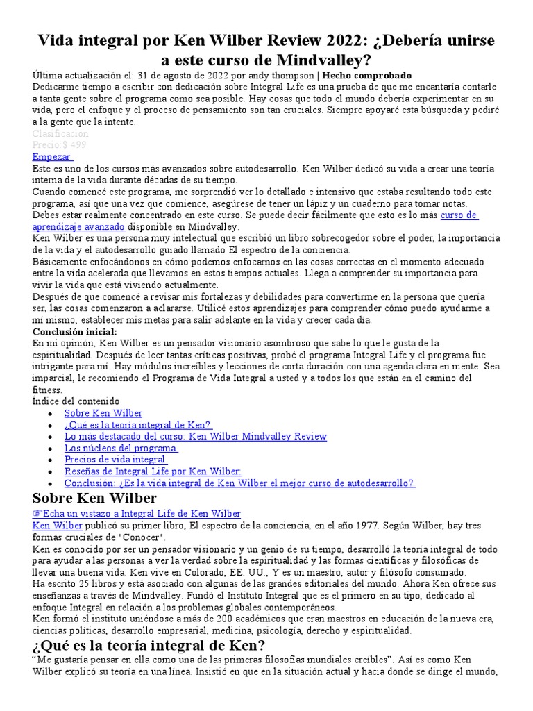 Vida Integral Por Ken Wilber Review 2022 | PDF