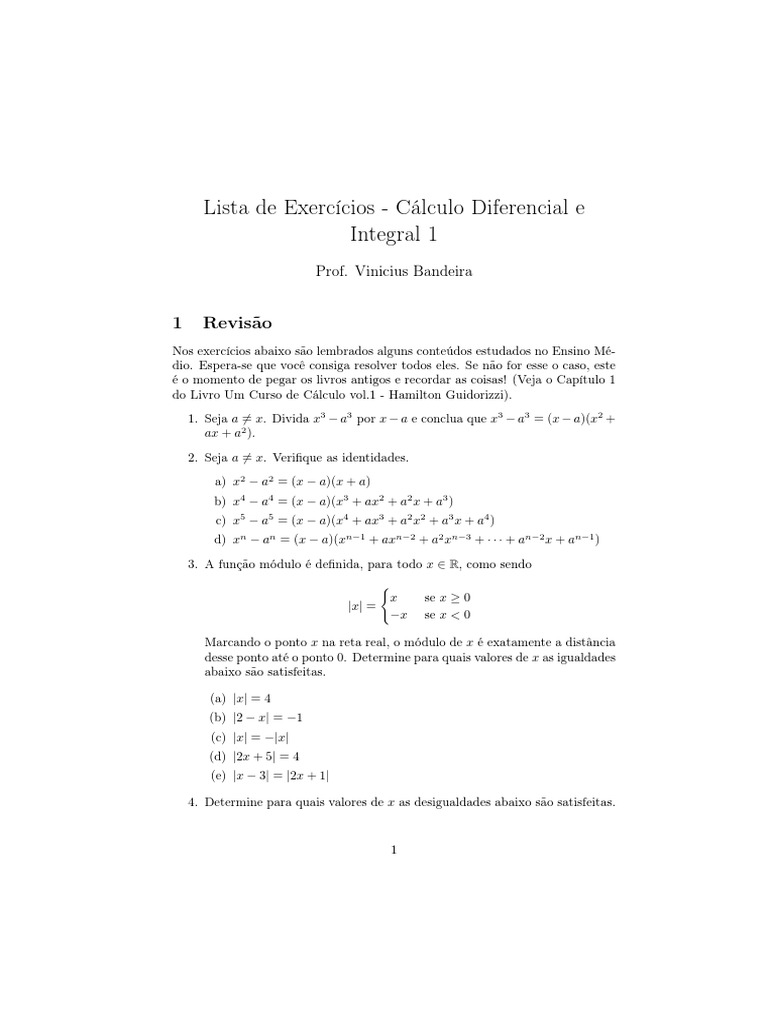 Lista de Exercícios de Cálculo 1 | PDF | Limite (Matemática) | Cálculo