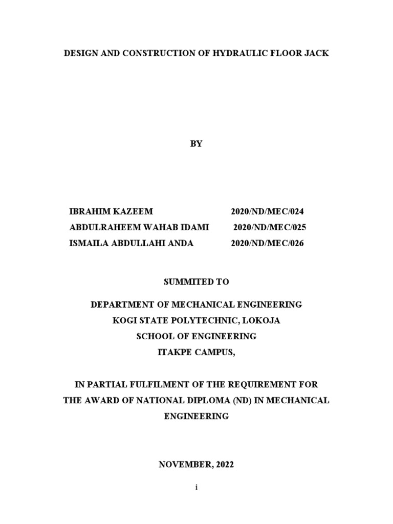 Hydraulic Floor Jack Design Project | PDF | Pipe (Fluid Conveyance) | Screw
