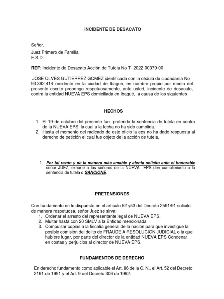 Incidente de Desacato Derecho de Peticion | PDF | Gobierno | Justicia