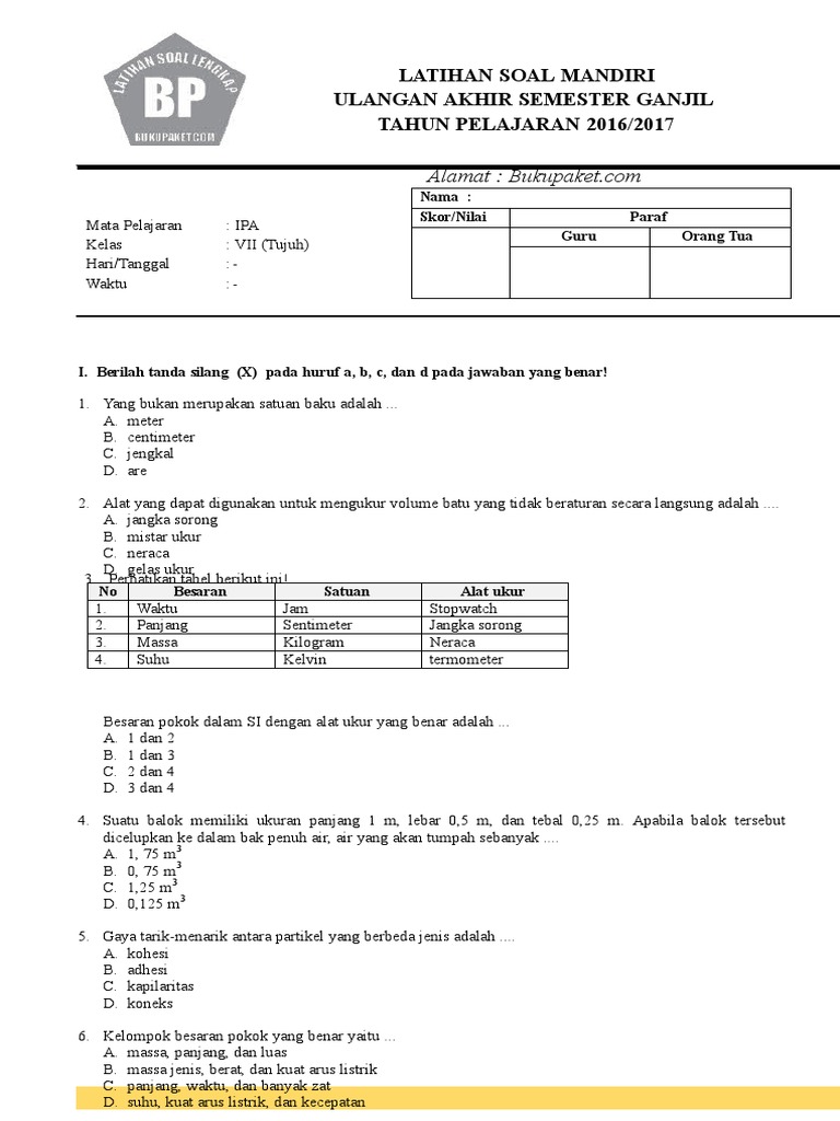 Latihan Soal UAS IPA Kelas 7 | PDF
