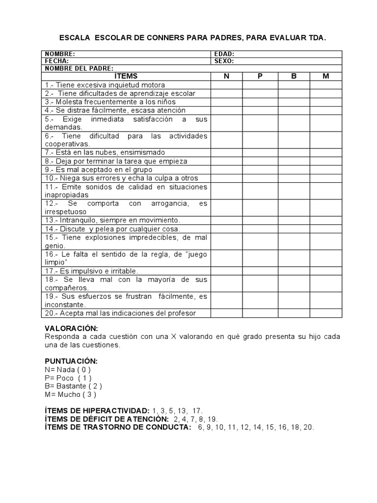 Escala Escolar de Conners para Padres | PDF | Desorden hiperactivo y ... Escala Escolar de Conners para Padres | PDF | Desorden hiperactivo y ...