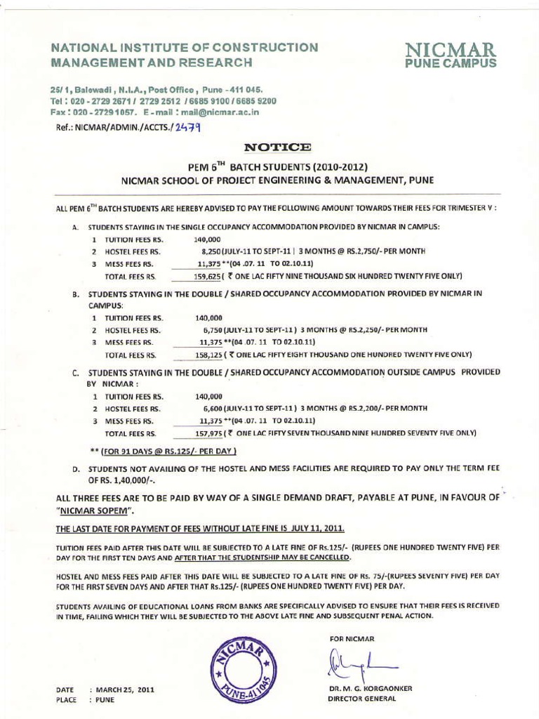 NICMAR Pune Notice for PEM5IH Students | PDF | Business | Science ...