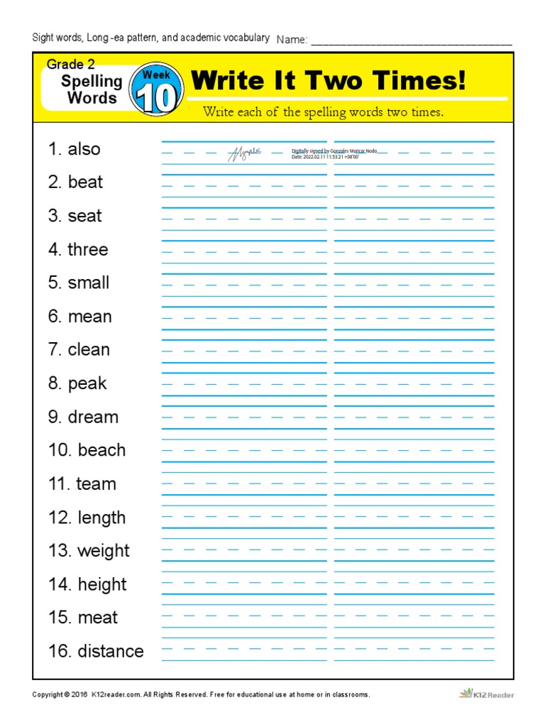 2nd Grade Spelling Words Week 10 | PDF