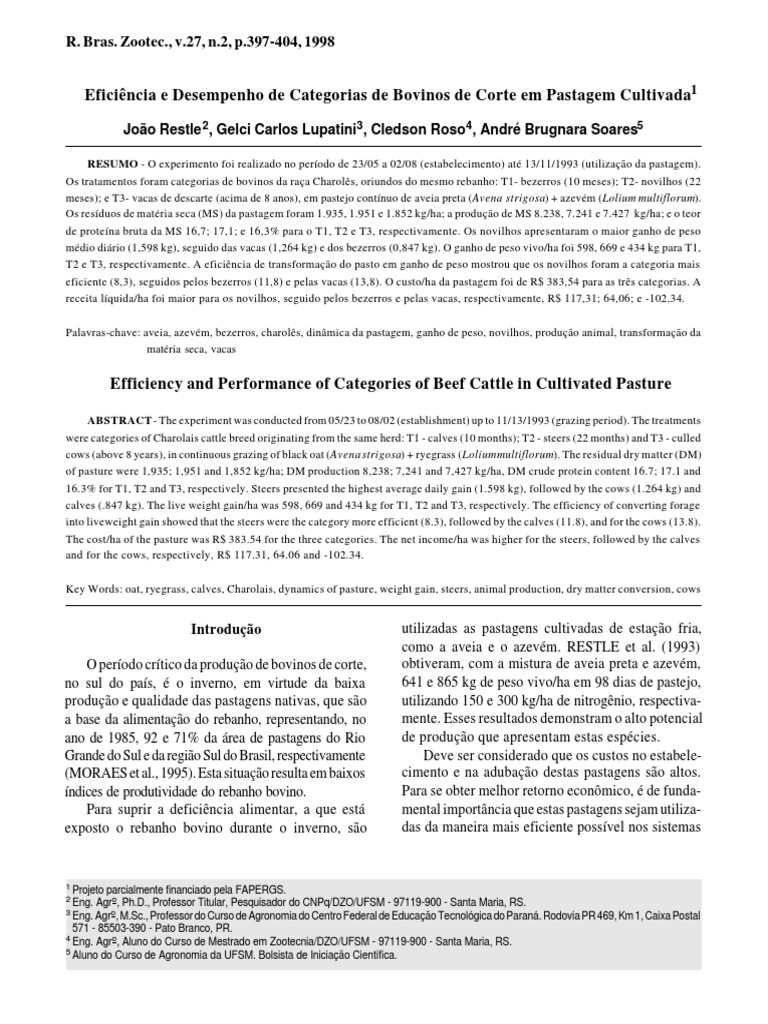 Efici ncia E Desempenho De Categorias De Bovinos De Corte Em Pastagem