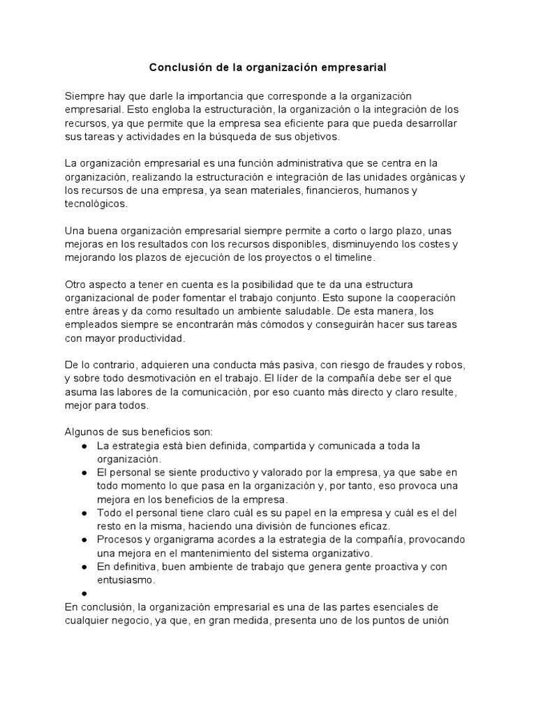 Conclusion de La Organizacion Empresarial | PDF | Business | Economias