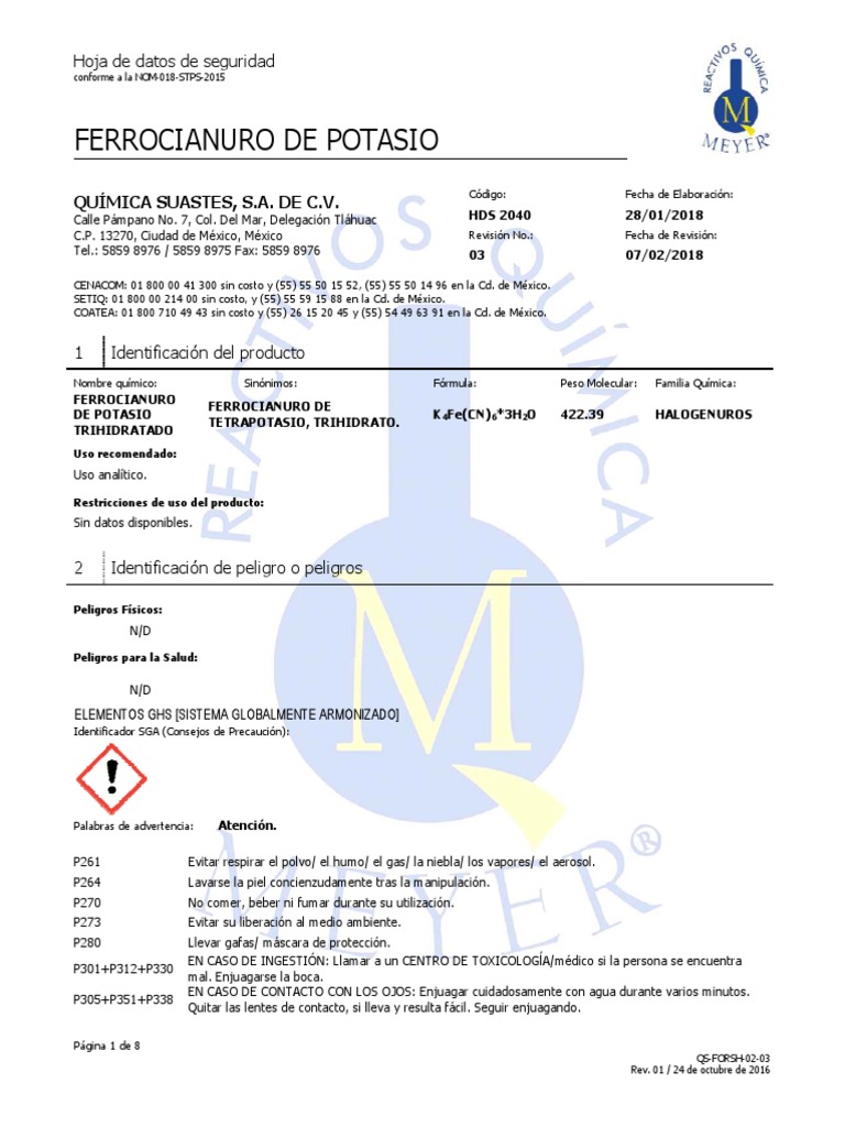 Hoja de Seguridad: Ferrocianuro de Potasio | PDF | Residuos | Reciclaje