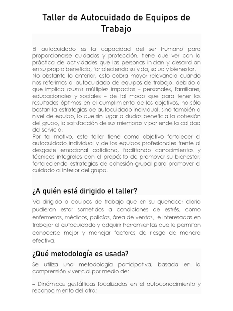 Taller de Autocuidado de Equipos de Trabajo | PDF | Cognición | Ciencia cognitiva
