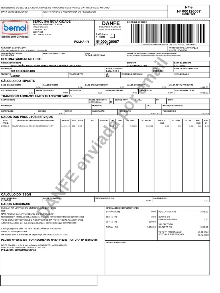 Danfe: Série 121 Bemol S/A Nova Cidade | PDF