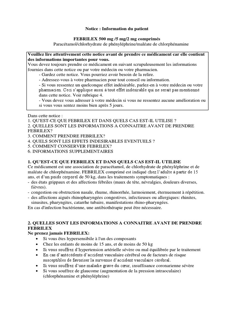 FEBRILEX 500 MG 5 mg2 MG Comprimés | PDF | Rhume | Effet indésirable