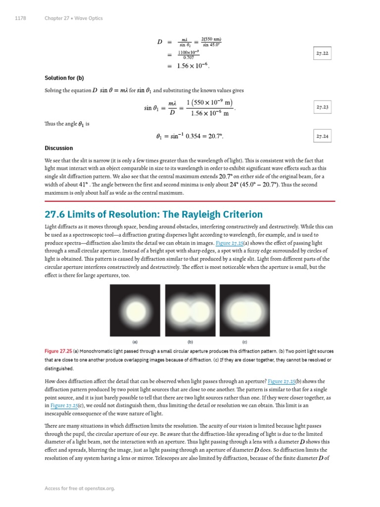 CP - 27.6. Limits of Resolution - The Rayleigh Criterion - pg1178-1183 | PDF | Angular ...