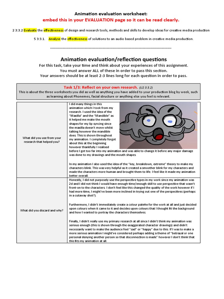 Animation Evaluation Worksheet 2223 | Download Free PDF | Drawing ...