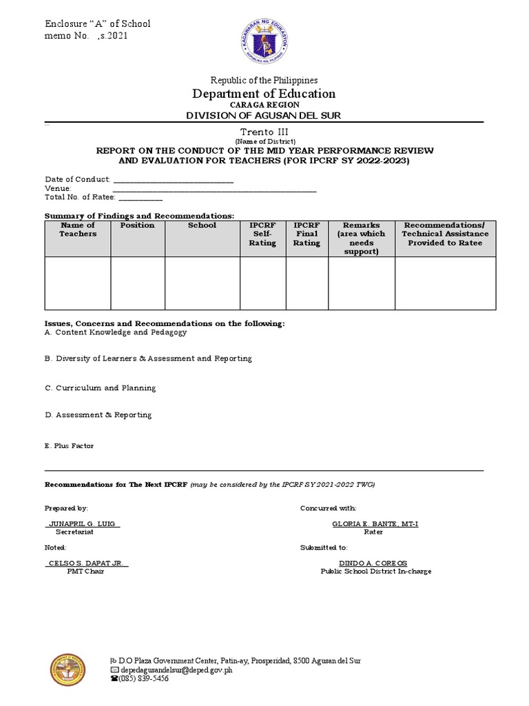 Narrative Template For The Conduct of The Midyear Review IPCRF - LUIG | PDF