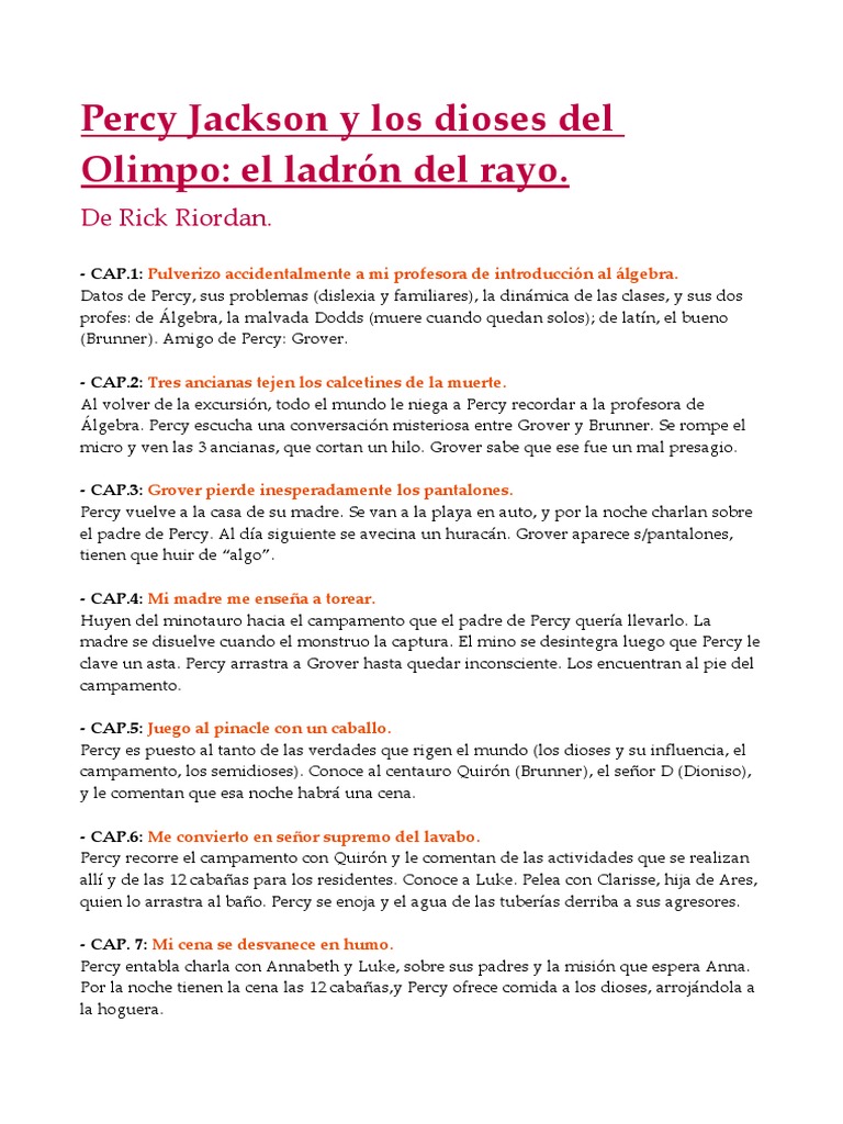 Percy Jackson Resumen | PDF | Mitología | Religión Griega Antigua