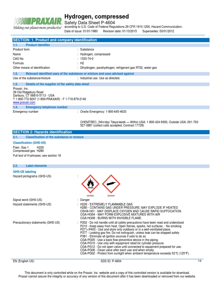 Compressed Hydrogen Safety Data Sheet | PDF