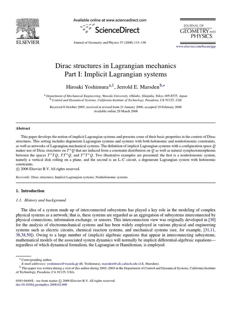 2006 - Yoshimura, Marsden - Dirac Structures in Lagrangian Mechanics Part I Implicit Lagrangian ...
